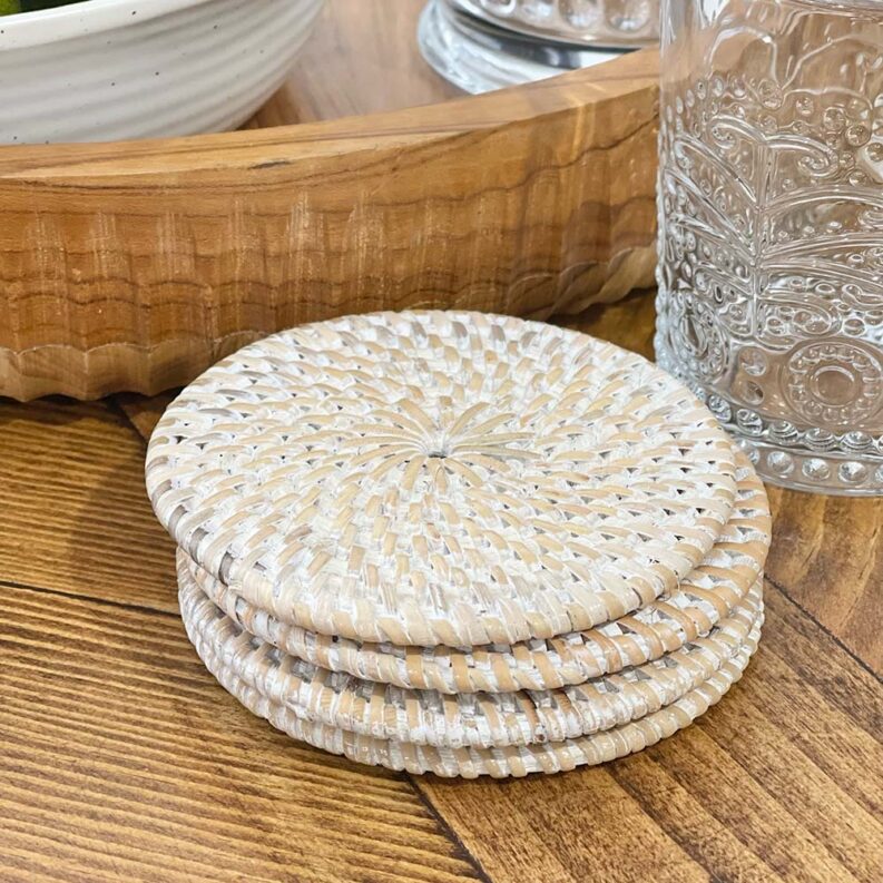 Set of 4 Coasters - Whitewash Rattan - Humble Home